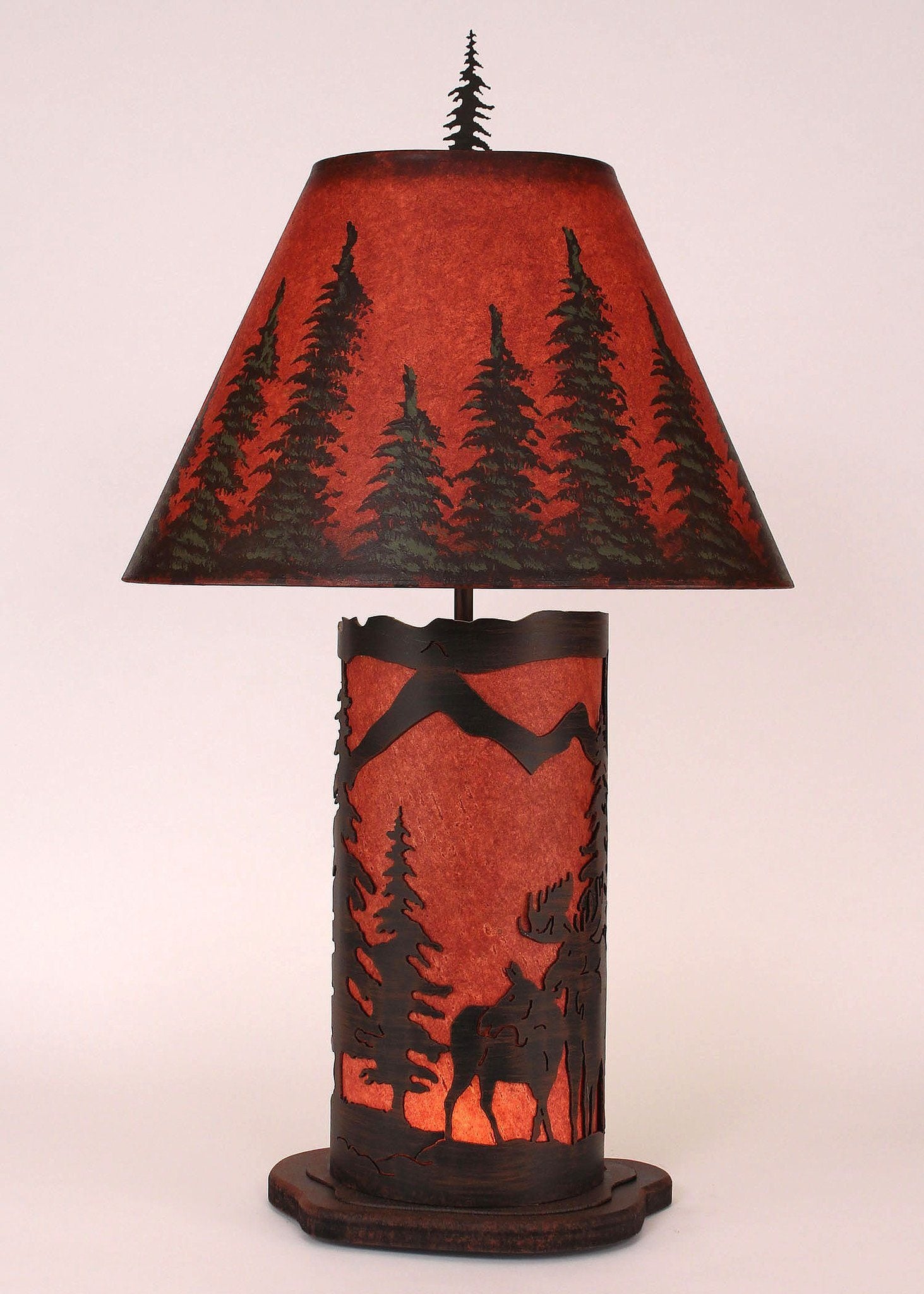 Small Moose Scene Paneled Table Lamp in Rustic Red | Free Shipping
